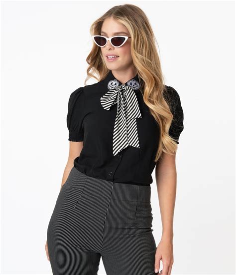Hell Bunny 1950s Black And Stripe Bow Skelli Blouse Unique Vintage
