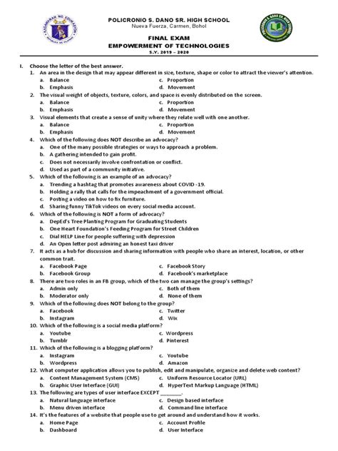 Policronio S Dano Sr High School Final Exam On Empowerment Of Technologies Pdf Graphical