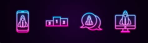 라인 설정 스타트업 프로젝트 컨셉 비즈니스 포디움 및 빛나는 네온 아이콘입니다 벡터 1위에 대한 스톡 벡터 아트 및 기타 이미지 1위 Launch Party 개념