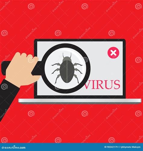 Businessman Holds A Magnifying Glass Finds A Red Malware Computer Bug