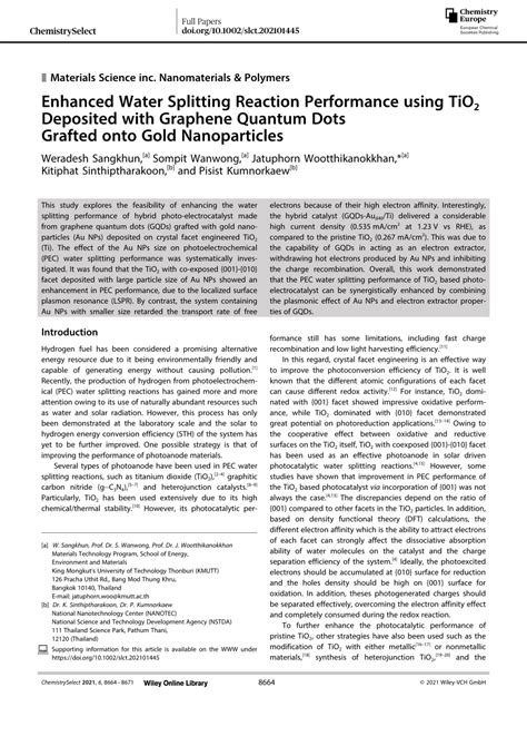 Enhanced Water Splitting Reaction Performance Using TiO2 Deposited With Graphene Quantum Dots