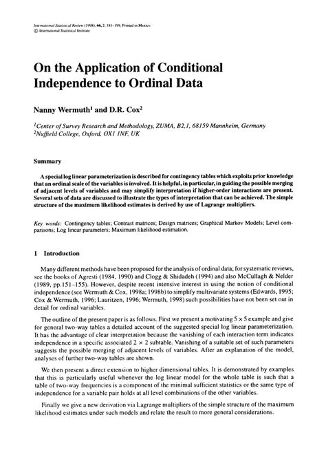 Pdf On The Application Of Conditional Independence To Ordinal Data