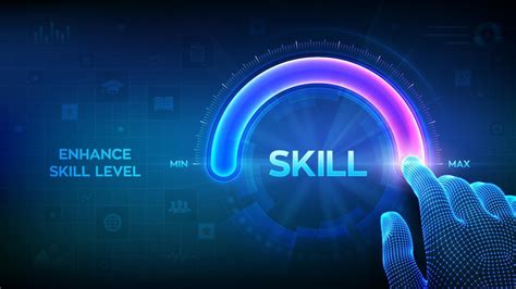 기술 수준 성장 기술 수준 향상 와이어프레임 손이 전문 또는 교육 지식 벡터라는 단어 기술 개념을 사용하여 최대 위치 원 진행률