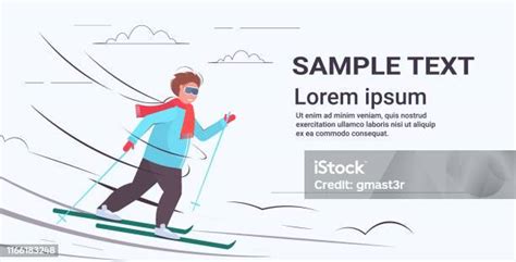 뚱뚱한 뚱뚱한 스키어 남자 슬라이딩 아래로 과체중 남자 스키 겨울 활동 체중 감소 개념 평면 수평 복사 공간 전체 길이 개념에 대한 스톡 벡터 아트 및 기타 이미지 Istock