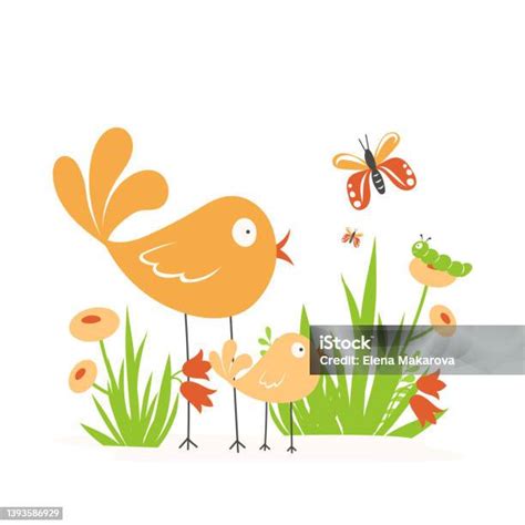 곤충과 새가있는 벡터 일러스트레이션 자연 새 꽃 및 곤충 나비에 대한 스톡 벡터 아트 및 기타 이미지 나비 애벌레 0명