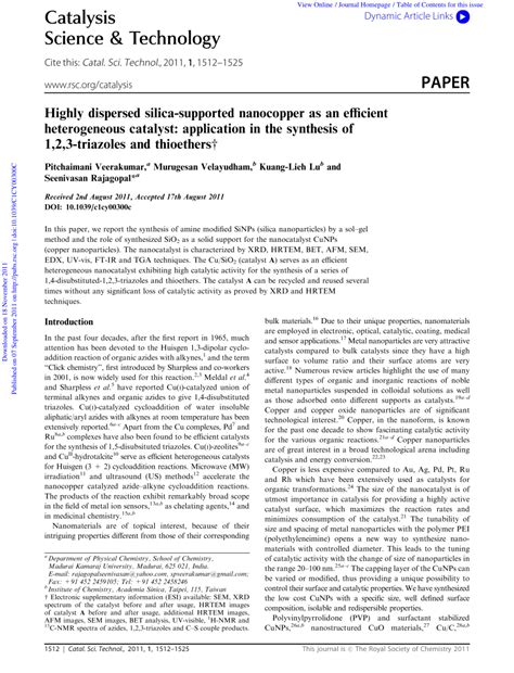 Pdf Cheminform Abstract Highly Dispersed Silica Supported Nanocopper As An Efficient