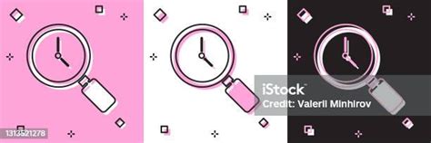 분홍색과 흰색 검은 색 배경에 고립 된 시계 아이콘으로 돋보기를 설정합니다 벡터 2 위 상 종류에 대한 스톡 벡터 아트 및 기타 이미지 2 위 상 종류 개념 검사