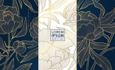 모란 꽃 황금 아르 데코 패턴 꽃 라인 패키지 라벨의 벡터 세트 향수 미용 제품 보석 패키지 청첩장 아시아 스타일의 자연