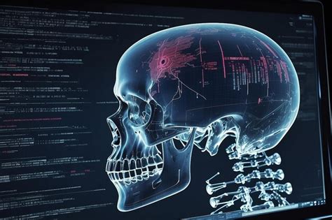 premium photo computer code on a screen with a skull representing a computer virus malware attack