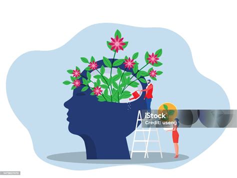 성장 마인드셋 개념 성격 성장 자기 개선 및 자기 개선 아이디어로 뇌에서 식물에 물을 주는 사람들 플랫 벡터 일러스트레이터 개념에 대한 스톡 벡터 아트 및 기타 이미지