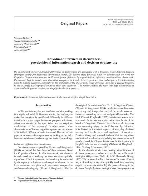 Pdf Individual Differences In Decisiveness Pre Decisional