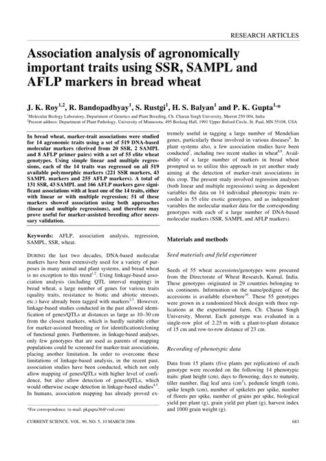 Pdf Association Analysis Of Agronomically Important Traits Using Ssr Sampl And Aflp Markers