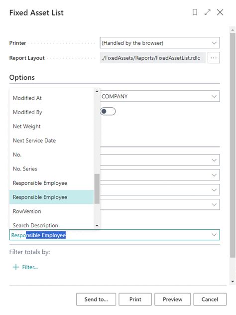 error on fixed asset list report when filtering on responsible employee