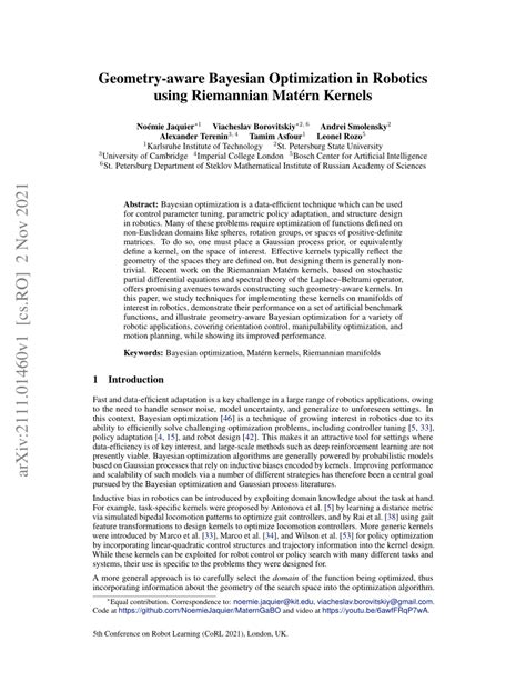 Pdf Geometry Aware Bayesian Optimization In Robotics Using Riemannian Matérn Kernels