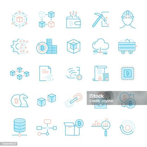 블록 체인 관련 플랫 라인 아이콘 세트 간단한 윤곽선 기호 아이콘입니다 가상현실에 대한 스톡 벡터 아트 및 기타 이미지 가상현실 개념 개발 Istock