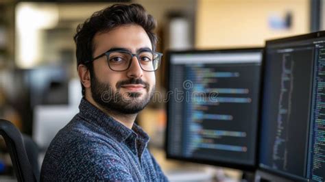 Smiling Programmer With Glasses Coding On Dual Monitors In Modern