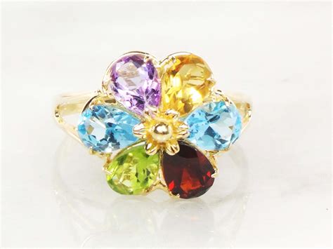 Vintage 14k Gold Floral Gemstone Ring Garnet Peridot Topaz Amethyst