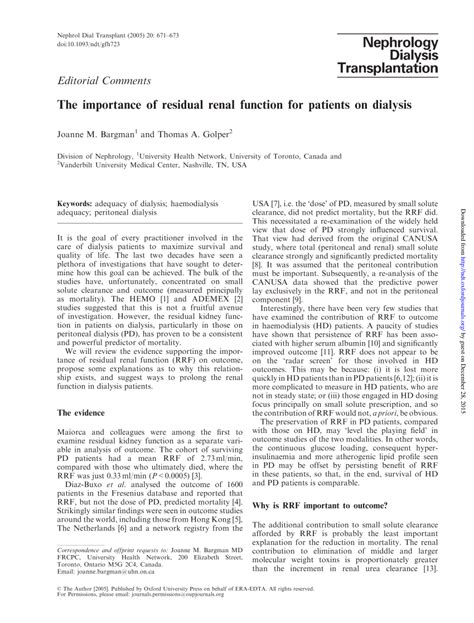 Pdf The Importance Of Residual Renal Function For Patients On Dialysis