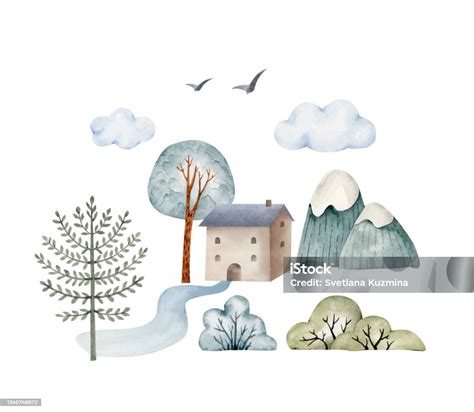 수채화 세트는 자연 숲 산 및 풍경을 삽화합니다 어린이방 디자인과 엽서 손으로 그린tn 0명에 대한 스톡 벡터 아트 및 기타 이미지 Istock