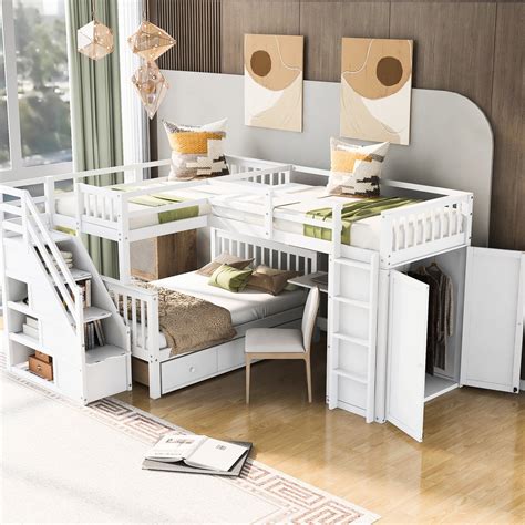 L Shaped Bunk Bed With Hanging Pole In Wardrobe Convenient For