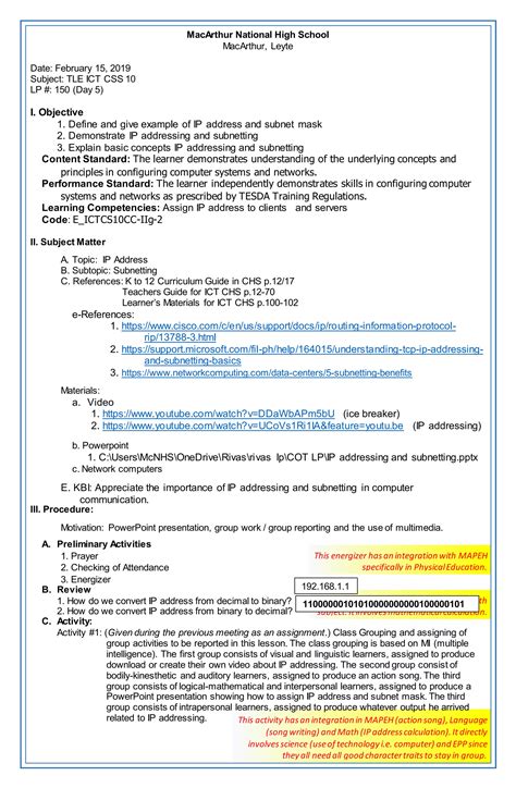 IP Addressing Semi Detailed Lesson Plan TLE ICT DOCX