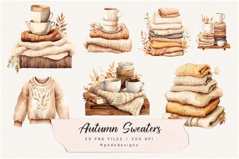 Watercolor Autumn Clipart Sweaters Books Coffee Png Download Etsy
