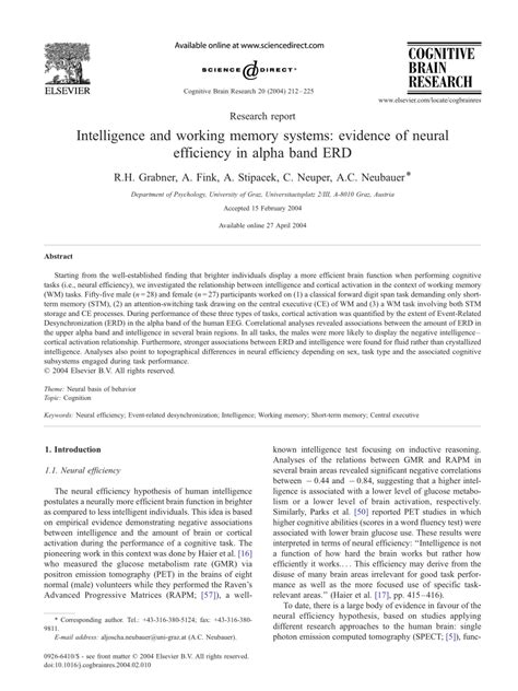 Pdf Intelligence And Working Memory Systems Evidence Of Neural Efficiency In Alpha Band Erd
