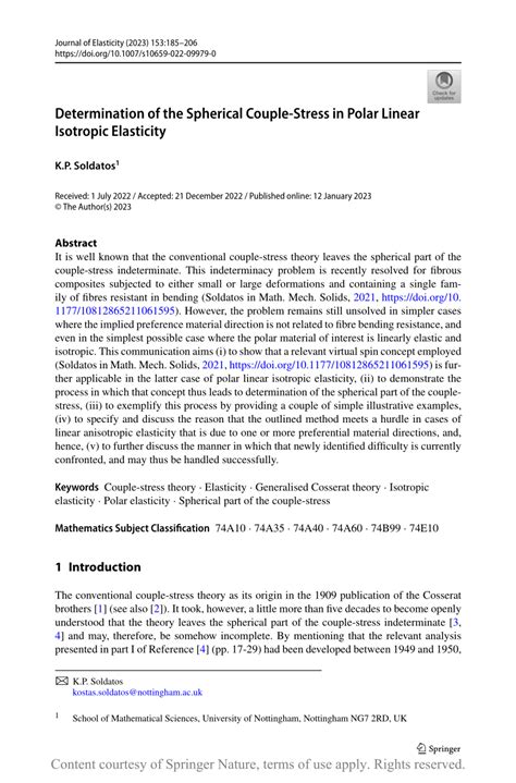 Pdf Determination Of The Spherical Couple Stress In Polar Linear