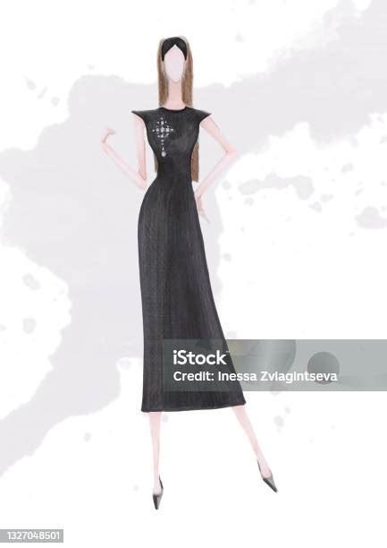 Sosok Ilustrasi Mode Cewek Hitam Gaun Panjang Midi Minimalis Dan Tren Gaya Hidup Jilbab Aksesori