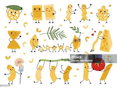 귀여운 파스타 캐릭터 만화 스파게티와 마카로니 재미있는 국수 이탈리아 전통 점심 음식 카와이 요리 캐릭터 야채와 치즈 괜찮은 벡터 세트 건강한 식생활에 대한 스톡 벡터 아트