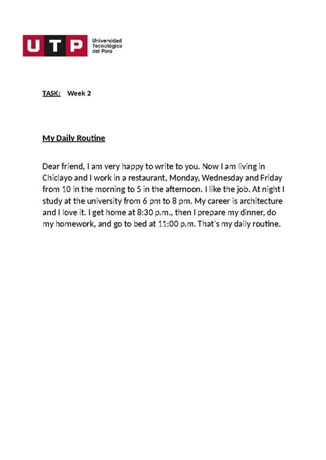 My Daily Routine Ingles Ii Task Week 2 My Daily Routine Dear Friend I Am Very Happy To
