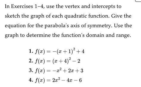 solved in exercises 1 4 use the vertex and intercepts to
