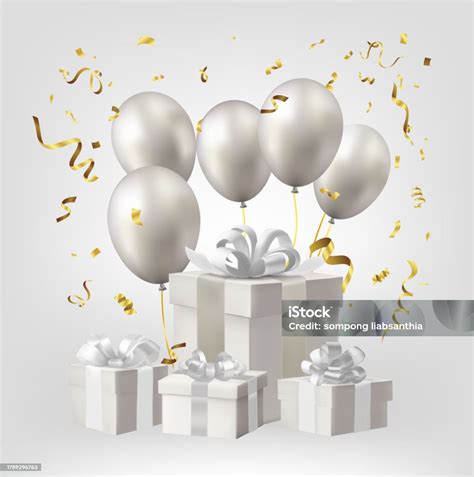 은색 풍선과 색종이 조각이 있는 흰색 선물 상자 벡터 일러스트 레이 션입니다 은색에 대한 스톡 벡터 아트 및 기타 이미지 은색 풍선 3차원 형태 Istock