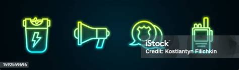 세트 라인 경찰 전기 충격기 메가폰 배지 및 워키 토키 빛나는 네온 아이콘입니다 벡터 경찰 배지에 대한 스톡 벡터 아트 및 기타