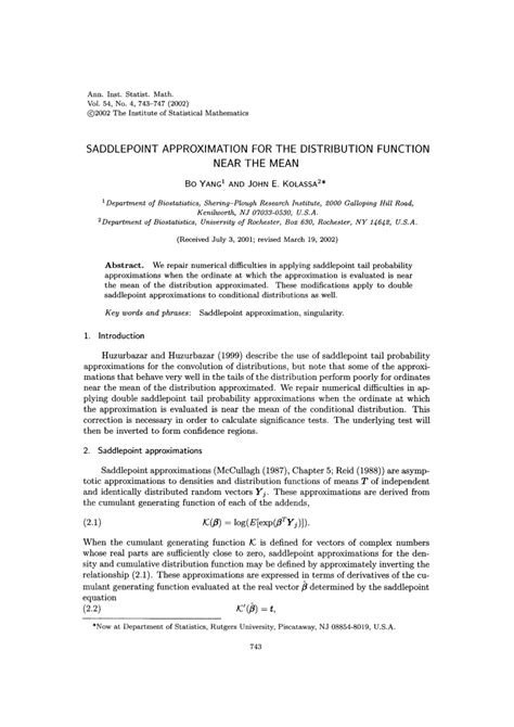 Pdf Saddlepoint Approximation For The Distribution Function Near The Mean