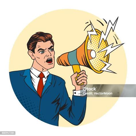 확성기 팝 아트 스타일 벡터 일러스트 레이 션 인간의 그림 만화도 서 스타일 모방 사업 개념에 대한 스톡 벡터 아트 및 기타