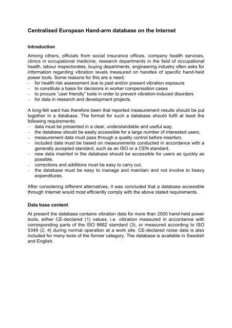 Centralised European Hand Arm Database On The Internet