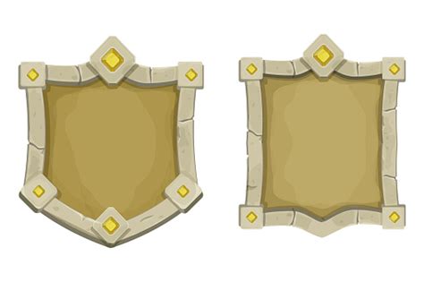 테두리와 보석 방패 모양 흰색 배경에 격리된 만화 스타일의 빈 중세 메뉴 패널이 있는 돌 프레임을 설정합니다 벡터 그림 2차 도형에 대한 스톡 벡터 아트 및 기타 이미지