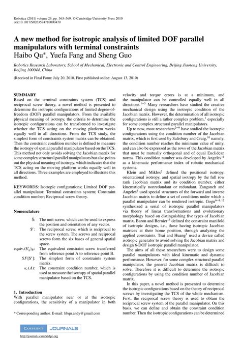 Pdf A New Method For Isotropic Analysis Of Limited Dof Parallel Manipulators With Terminal