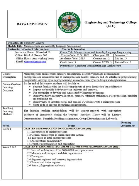 Course Plan Microprocessor And Assembly L Pdf Computer Program