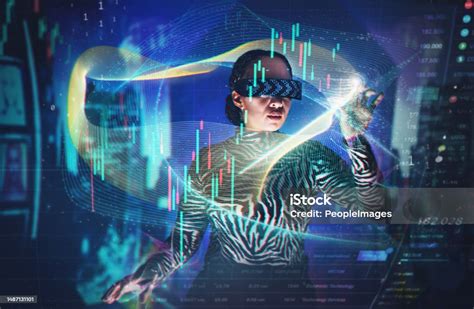 메타버스 가상 현실 안경 주식 시장 디지털 전환을 위한 오버레이가 있는 여성 Vr 헤드셋 소녀 Ar 홀로그램 사이버 3d 세계와 빅 데이터 미래 기술 및 거래 인포그래픽