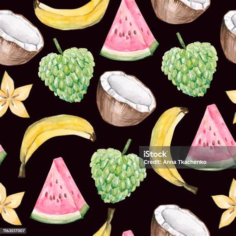 수채화 여름 이국적인 과일 패턴 열대 과일입니다 손으로 흰색 배경에 이국적인 꼬리를 그린 체린모야 수박 바나나 코코넛 섬유 직물 Und 벽지에 대한 여름 열대 인쇄 색상