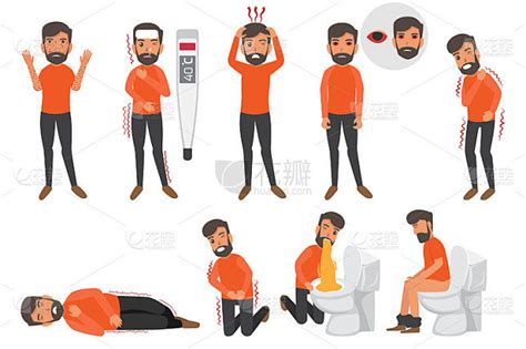 人的疾病症状、胃、脏腑、身体、体质、病、解剖学、病等人物集与人的痛苦和疾病隔离载体插图。健康和医疗。