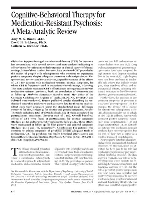 Cognitive Behavioral Therapy For Medication Resistant Psychosis A