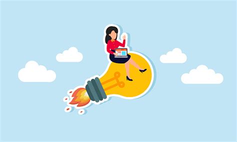 노트북을 들고 있는 여성 사업가가 하늘로 날아오르는 로켓 모양의 램프 위에 앉아 있는 모습은 올바른 비즈니스 아이디어와 혁신을 설계하고 분석하는 것을 보여줍니다 개념에 대한