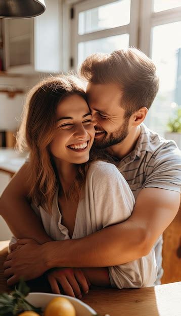 Casal Jovem Feliz Se Abra Ando Na Cozinha Olhando Para A Tela Do Laptop Junto Com Um Espa O