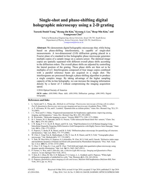 Pdf Single Shot And Phase Shifting Digital Holographic Microscopy Using A 2 D Grating