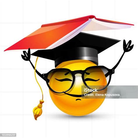 학교로 돌아가기 고립된 흰색 배경에 책이있는 교수의 모자에 쾌활한 이모티콘 크리에이티브 포스터 또는 배너 Brand Name Online Messaging Platform에