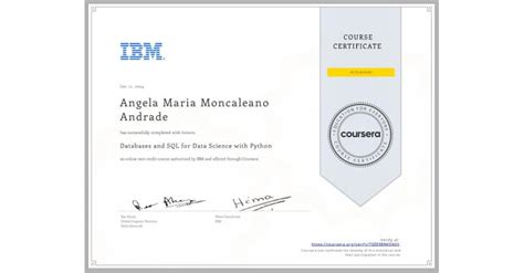 Completion Certificate For Databases And Sql For Data Science With Python Ángela María