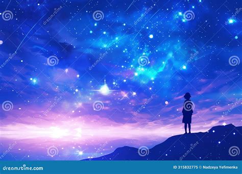 Anime Girl Standing Cliff Night Sky Shooting Stars Illustration